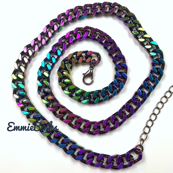 Jewelry | New Holographic Oil Slick Rainbow Colorful Cuban Curb Chain ...